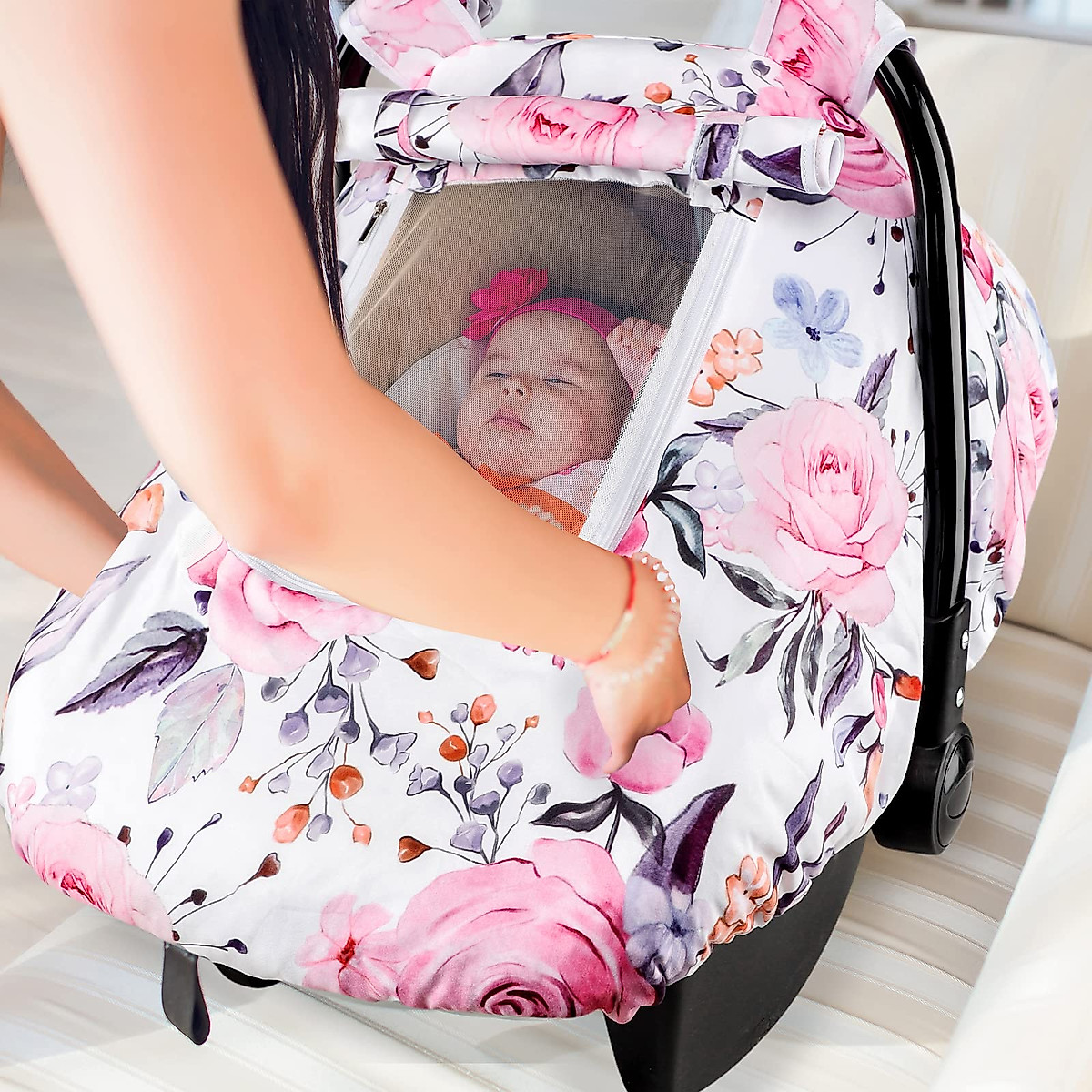 Floral Baby Car Seat Covers and Infant Car Seat Head Support Strap Covers, Double Layer, Super Soft Minky & Dot Fabric