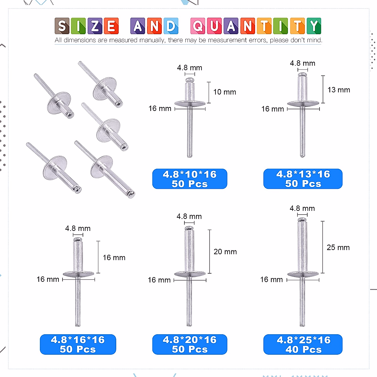 Glarks 240Pcs 3/16" x 3/8'' / 1/2'' / 5/8'' / 3/4'' / 1'' Large Flange Blind Rivets 5 Szie Aluminum Pop Rivets Assortment Set
