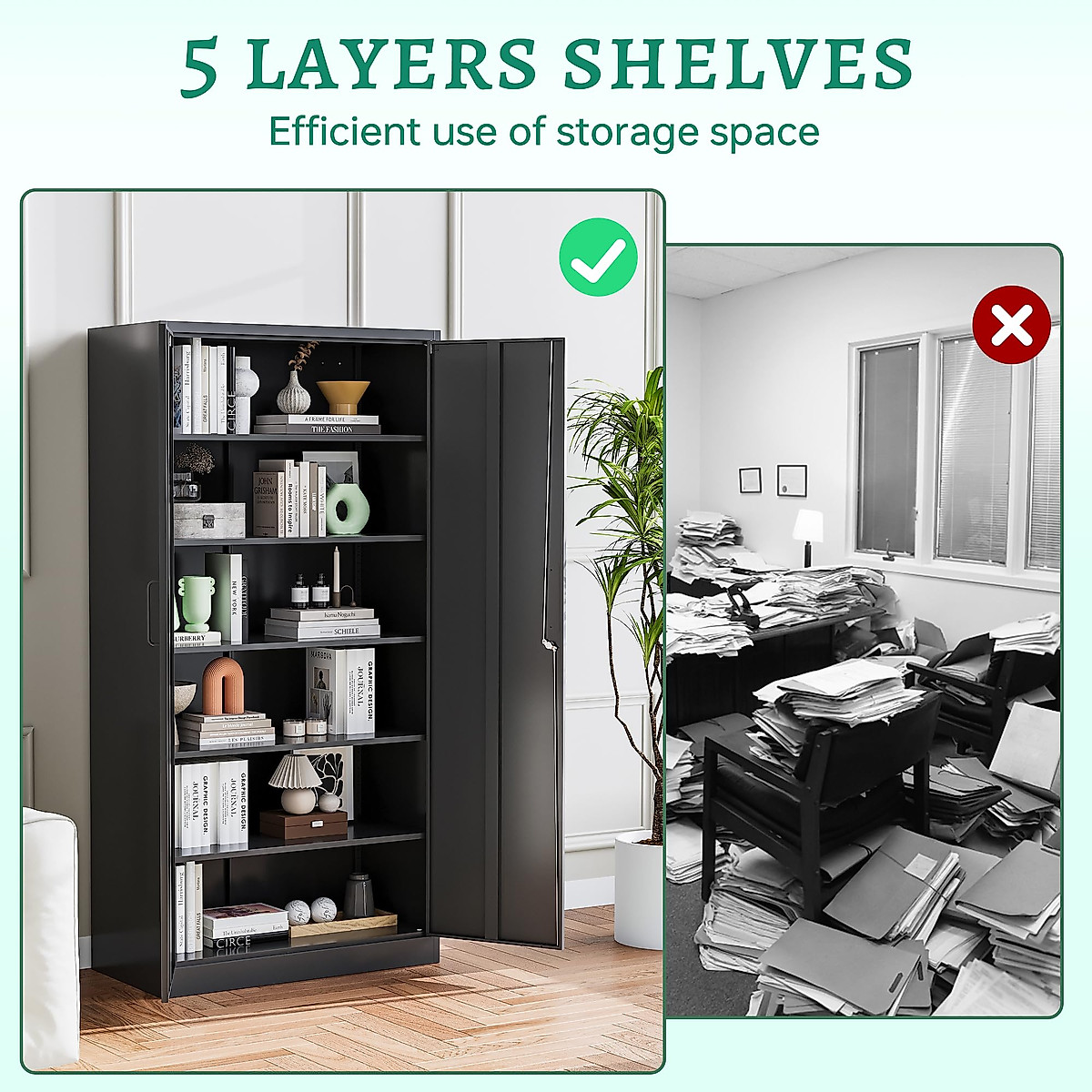 Letaya Metal Storage Cabinets with Lock Doors,Tall Locker Organizer Steel Garage Cabinets, 5 Adjustable Layers Shelves for Home, Office, Warehouse,Tool,Industrial(Black)