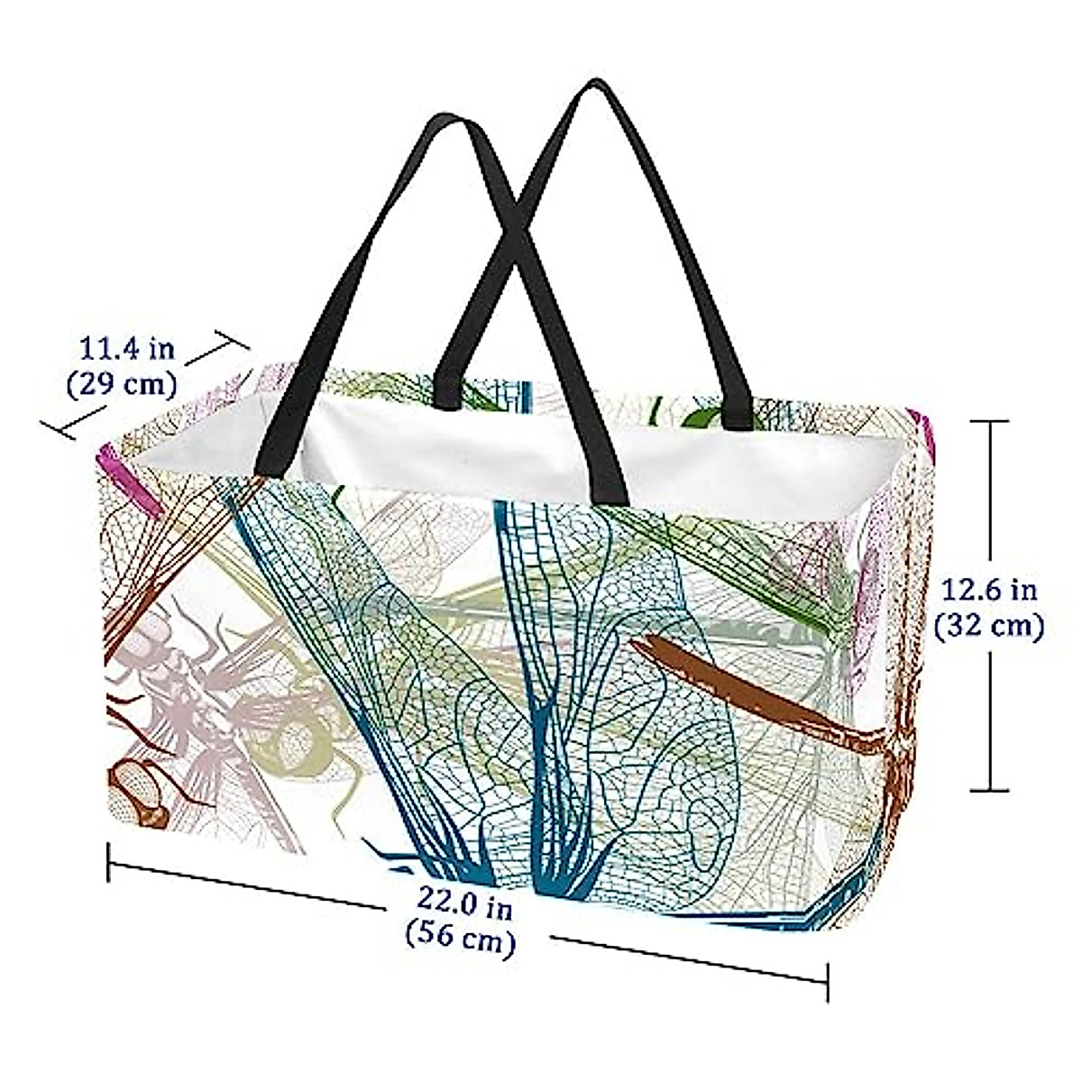 KQNZT Reusable Grocery Bags, Large Foldable Reusable Shopping Tote Bags Bulk for Groceries, Waterproof Kitchen Cloth Produce Bags with Long Handles, Retro Colored Dragonfly