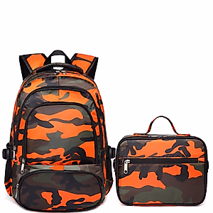 BLUEFAIRY Boys Backpacks Set for Kids Elementary School Bag with Lunch Box Teens Primary Middle School Book Bags Bookbag Schoolbag Sturdy Travel Lightweight Gifts Camo Orange