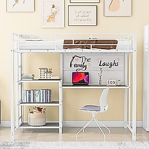 Tensun Metal Twin Size Loft Bed Frame with Desk and Whiteboard,3 Shelves and Ladder for Bedroom for Boys Girls Adult,Space-Saving/Noise Free/No Box Spring Needed - White