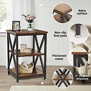 End Tables with Storage Shelf, 12" D x 16" W x 24" H, 3-Tier Side Table, End Tables Living Room Farmhouse, X-Shaped Night Stands for Bedrooms Bedside Tables