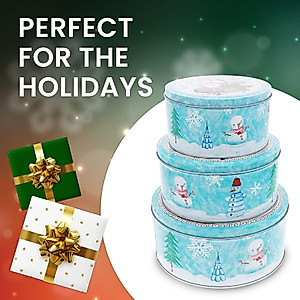 Juvale Christmas Nesting Cake Tins - 3-Set Round Nested Cookie Candy Storage Containers with Lids for Confectioneries, Holiday Decor, Light Blue and White