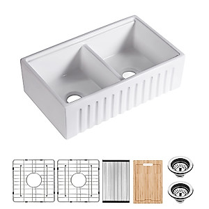 ALWEN 33 inch White Fireclay Farmhouse Sink, Double Bowl Workstation Apron Front Farm Kitchen Sink, Reversible Ceramic Porcelain Farmhouse Kitchen Sink with Ledge and Accessories