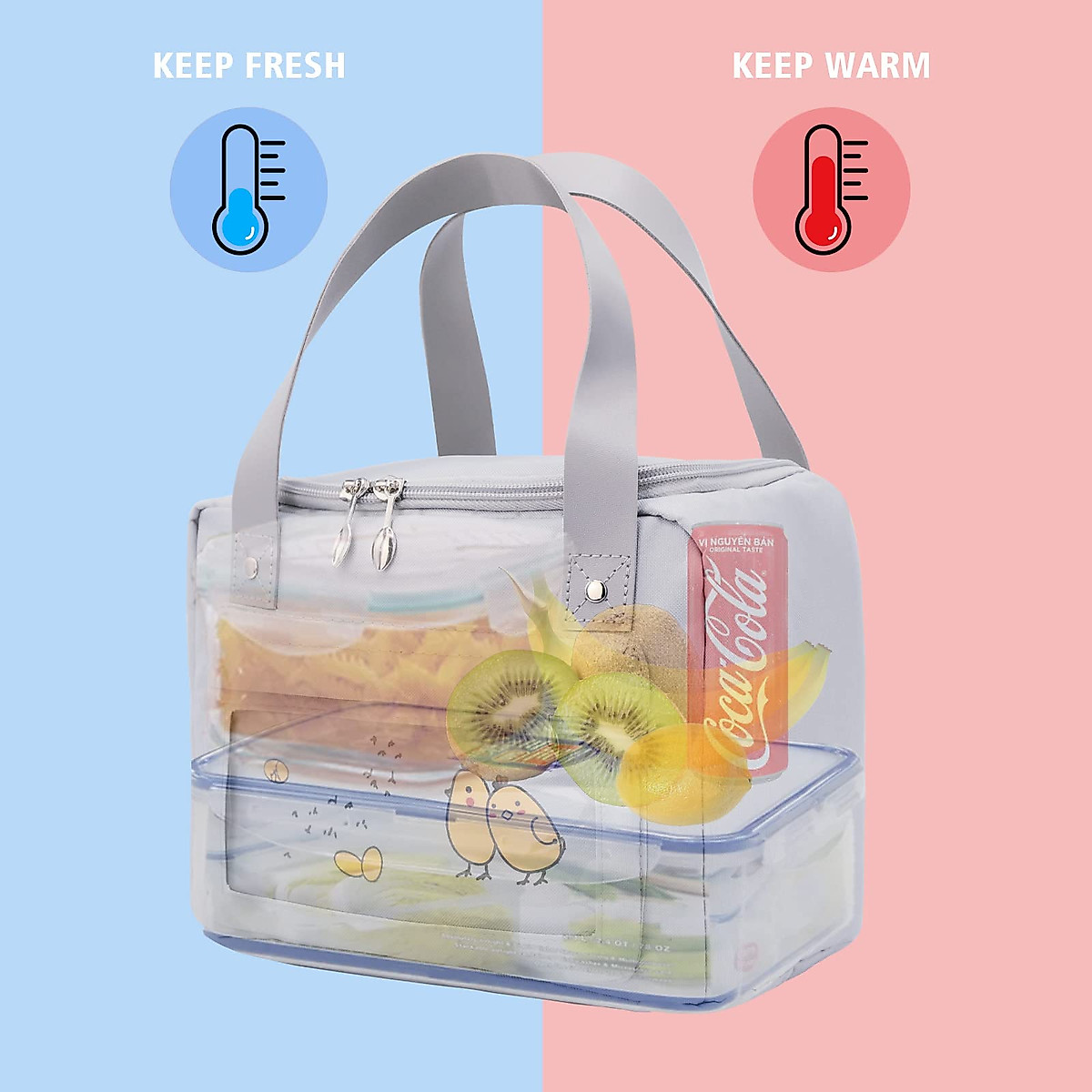 CuteStreet Insulated Lunch Bag Reusable Lunch Box Foldable & Portable Lunch Tote Double Deck Leakproof Cooler Tote Bag Multiple Colour Lunch Bag for Work, School or Picnic