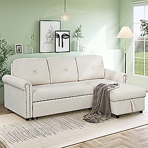 FANYE Convertible Sectional Sofa with Pull Out Sleeper Couch Bed and Reversible Storage Chaise, L-Shaped 3 Seater Corner Sofa&Couch W/Tufted Back for Home Office Apartment Living Room, Beige 83"