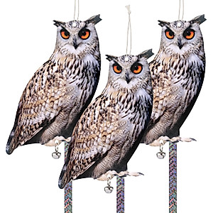 kungfu Mall Owl to Keep Birds Away, 3 Pack Bird Scare Owl Fake Owl, Reflective Hanging Bird Decoration, Effective Bird Control Device to Keep Birds Pigeon Woodpecker Away from Patio Garden