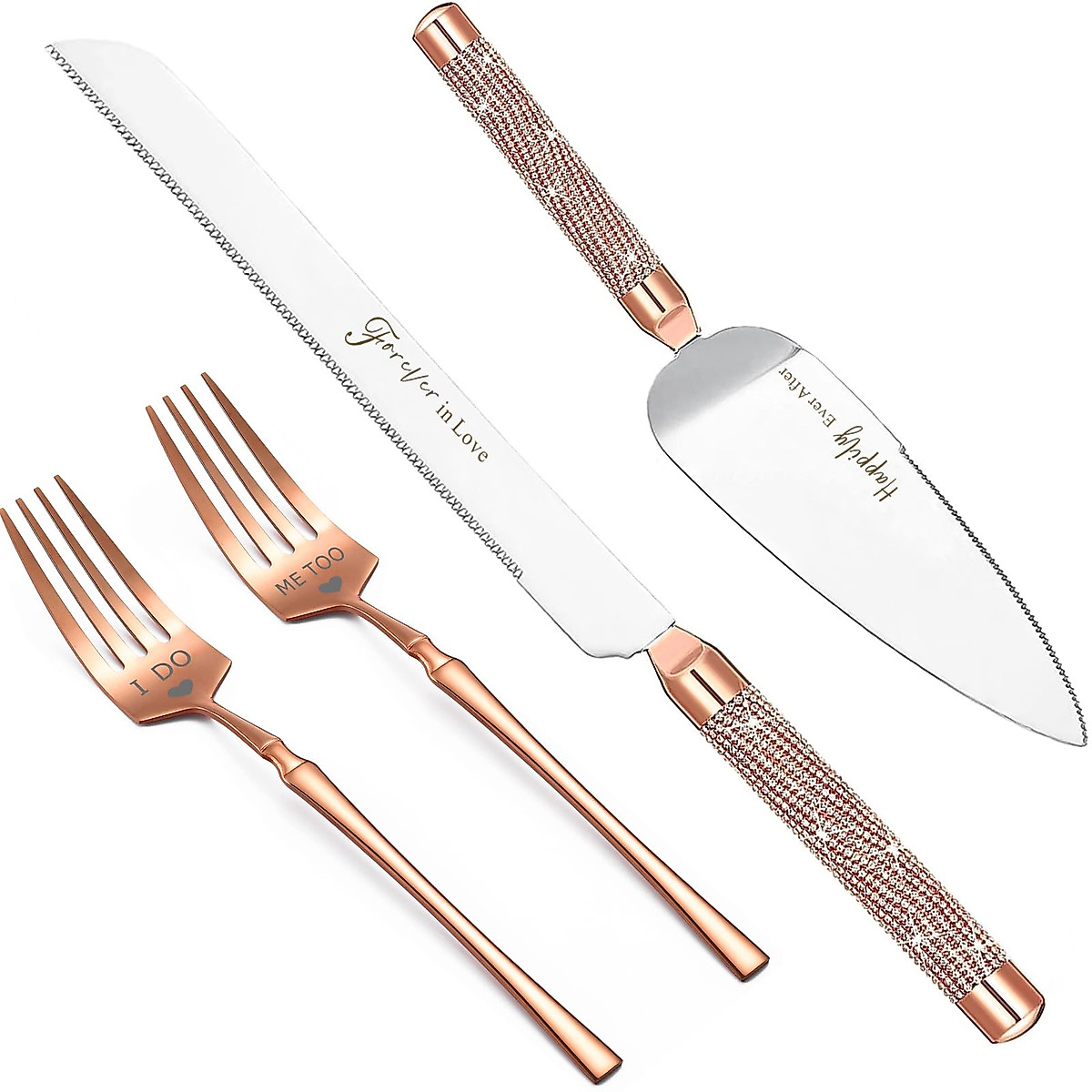 Wedding Cake Knife and Server Set, 420 Stainless Steel Rose Gold Cake Cutter and Pie Server Slicer, Rhinestones Studded Handle Cake Cutting Set for Wedding Gifts, Engagement Gifts for Groom and Bride
