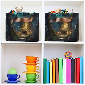 GOODOLD Fairy Fantasy Forest Shelf Storage Baskets, Foldable Fabric Storage Bins with Leather Handles for Closet, Home, Bedroom, Nursery, Office Organizers (2 Pack)