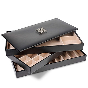 Glenor Co Jewelry Tray Organizer - 3 Large Stackable Trays & Lid - 46 Slot Storage for Drawer, Dresser - Black