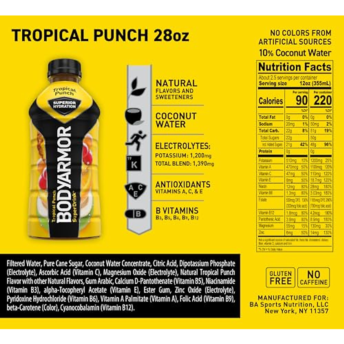 BODYARMOR Sports Drink Sports Beverage, Tropical Punch, Coconut Water Hydration, Natural Flavor With Vitamins, Potassium-Packed Electrolytes, Perfect For Athletes, 28 Fl Oz (Pack of 12)