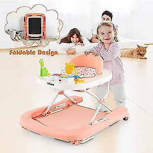 INFANS Foldable Baby Walker, 3 in 1 Toddler Walker Bouncer, Learning-Seated, Walk-Behind, Music, Adjustable Height, High Back Padded Seat, Detachable Trampoline Mat, Activity Walker with Toys (Pink)