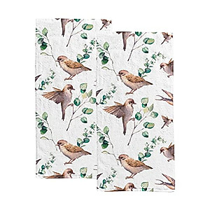 TsingZa Hand Towels Set of 2 Spring Eucalyptus Birds Soft Bath Towels Decorative Fingertip Towels Bathroom Watercolor Sparrow Leaves Absorbent Dish Towels for Kitchen Gym Spa Sports 30x15 Inch