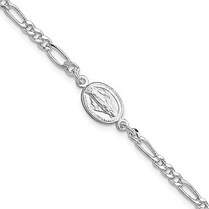 3mm 925 Sterling Silver Rhodium Plated Miraculous Religious Medal Pendant Necklace With 1in Extension Bracelet 7.25 Inch Jewelry for Women