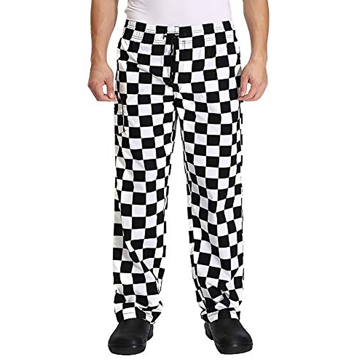Men’s Black and White Checkerboard Print Chef Pants with Elastic Waist Drawstring Baggy Chef Uniforms BigPlaid M