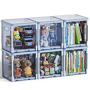HAIXIN Storage Cube with Lid - Stackable Storage Bins Foldable Storage Box with Built-in Handles Plastic Toys Organizer Clear Storage Container for Playroom Classroom (Blue, 10.5 inch)
