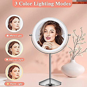KuMers Lighted Makeup Mirror with Magnification, 10X 8’’Rechargeable Double Sided Vanity Mirror with Lights Magnifying Makeup Mirror with 3 Color Light with 360° Rotation, Detachable Base