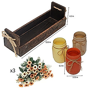 DUOER Mason Jar Centerpiece for Table Decorative Wood Tray with 3 Painted Jars Rustic Farmhouse Decor Centerpiece for Home Kitchen Dinning Living Room Decor,Brown