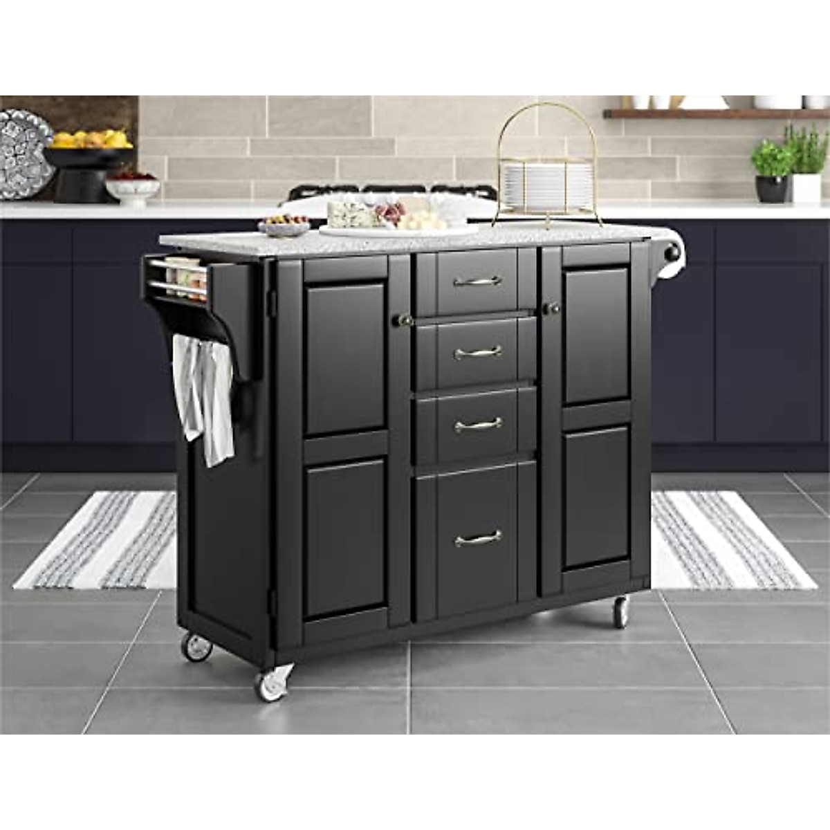 Home Styles Large Mobile Create-a-Cart Black Finish Two Door Cabinet Kitchen Cart with Salt and Pepper Granite Top, Adjustable Shelving