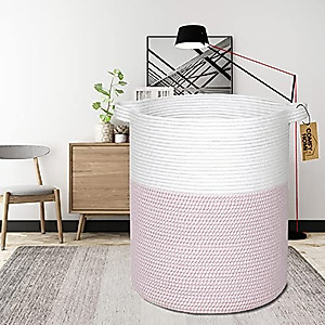 COMFY-HOMI XXL Blanket Basket 18”x16”|Cotton Rope Laundry Basket|Woven Basket for Storage|Gift Basket Empty for Newborn or Infant Gift for Boy Girl, Toy basket for blanket, cloth, towel-White/Pink