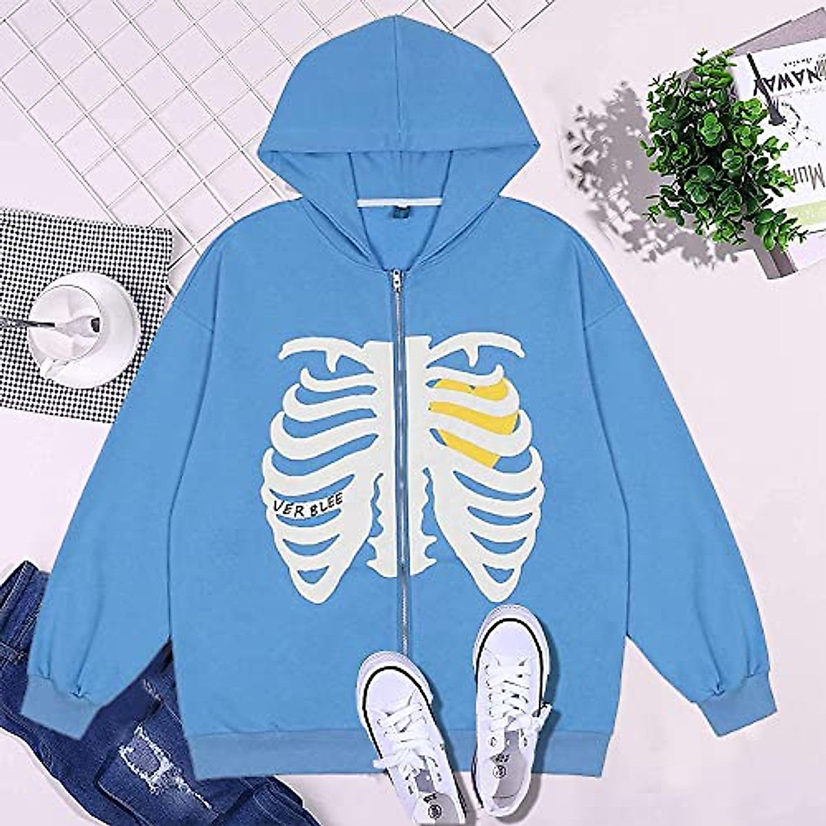 Unisex Skeleton Zip Up Hoodie Fashion Vintage Jacket Graphics E-Girl 90s Sweatshirt for Men and Women (Blue,Small)