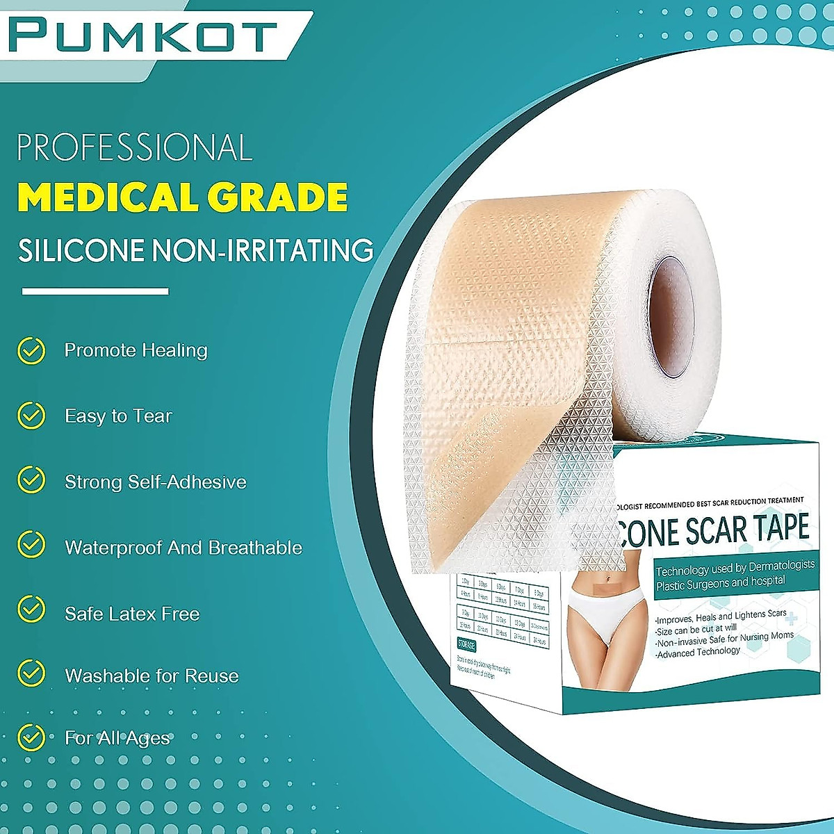 Pumkot Silicone Scar Sheets, Silicone Scar Tape(1.6” x 120” Roll-3M), Scar Removal Away Strips for Surgical Scars, Keloid, C-Section, Burn et
