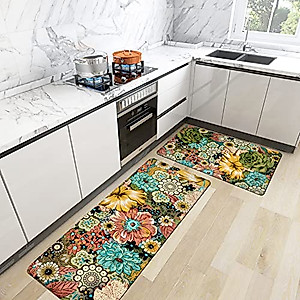 Boho Floral Kitchen Rug Set of 2 Colorful Flowers Anti Fatigue Non-Slip Kitchen Floor Mats Comfort Standing Bohemian Mat Waterproof Farmhouse Sink Laundry PVC Carpet(17.3 x 28 Inch+17.3 x 47 Inch)