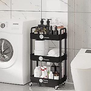 Laiensia 3-Tier Storage Cart,Multifunction Utility Rolling Cart Kitchen Storage Organizer,Mobile Shelving Unit Cart with Lockable Wheels for Bathroom,Laundry,Living Room,With Classified Stickers,Black