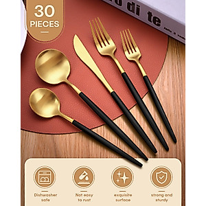 Black and Gold Silverware Set,Ollex 30-Piece Matte Silverware Set for 6 with Knives Forks Spoons Flatware Set Food-Grade Stainless Utensils Duty Modern Tableware Cutlery Set,Dishwasher Safe