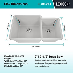 32" x 19" Quartz Kitchen Sink, 60/40 Double Bowl Sink, Drop-in Sink, Undermount Sink, Granite Kitchen Sink, White Kitchen Sink, Lexicon Platinum LP-6040-W-SO