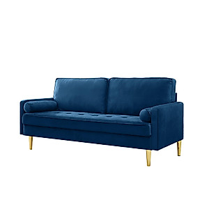 GPCRAC 67'' Velvet Sofa Bed, Modern Loveseat with Gold Metal Legs and 2 Bolster Pillows, Velvet Love Seats Couch for Small Spaces, Living Room, Apartment (Blue)