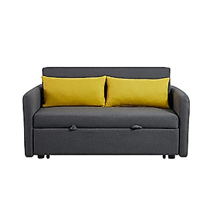 FIQHOME 55.5" USB Ports and Side Pockets,3 in 1 Multi-Functional Convertible Sleeper 2 Lumbar Pillows,Loveseat Sofa with Pull Out Bed,for Living Room, Apartment(Grey)