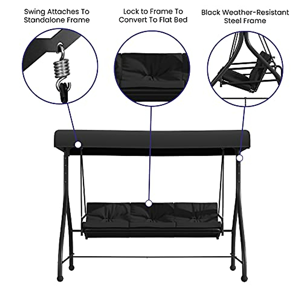 BizChair 3-Seat Outdoor Steel Converting Patio Swing Canopy Hammock with Cushions / Outdoor Swing Bed (Black)