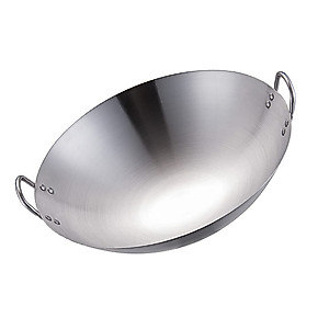 Kichvoe Wok Pan Stainless Steel Wok Grilling Wok Griddle Stir Fry Pan Flat Bottom Chinese Wok with Double Handle for Induction Electric Gas All Stoves 32cm Comales Para Tortillas