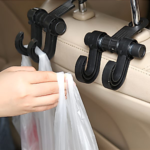 BELOMI 2PCS Car Seat Headrest Hook, 360° Adjustable Storage Double Hooks, Multi-Functional Swivel Organizer, Vehicle Backseat Hanger Interior Accessories for Handbag Purse Cloth Grocery