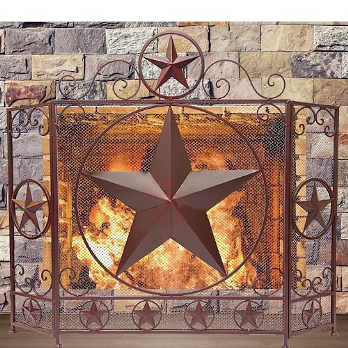 BestGiftEver 3-Panel Fireplace Screen Decorative with Rustic Brown Star Detail - Stand Alone Fireplace Cover Metal Mesh Screen - Home Decor for Cabin, Lodge, and Rustic Country Style Firescreen