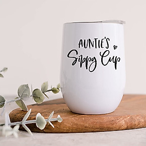 Andaz Press Funny Auntie's Sippy Cup Heart Wine Tumbler with Lid 12 Oz Stemless Stainless Steel Insulated Birthday Christmas Gift for Aunt Sister from Niece Nephew Baby Announcement for Auntie To Be