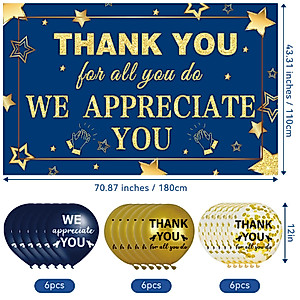 We Appreciate You Decorations Navy Blue Gold Appreciate You Banner with 18pcs Balloons Thank You Backdrop for Teacher Employee Staff Doctors Nurse Poaster Volunteer Appreciation Week Party Decor