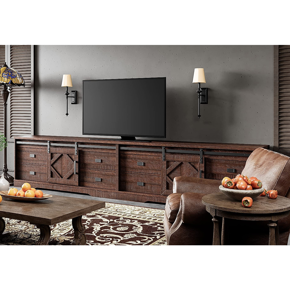 WAMPAT 118" Wide Modern Farmhouse 2 in 1 TV Stand for up to 130" TVs,Faux Bark Finish Wood Entertainment Center with 8 Drawers and Sliding Barn Doors for Living Room, Rustic Brown
