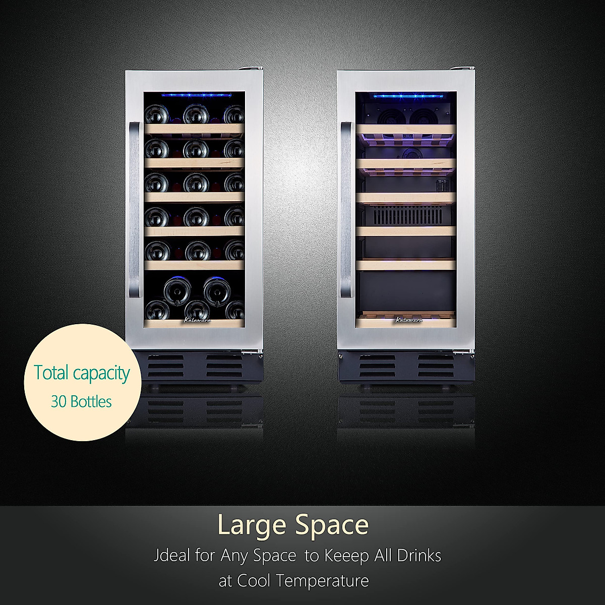 Kalamera 15” Wine Cooler and Fridge |30 Bottle Built-in & Freestanding Single Zone Wine Refrigerator |For Kitchen or Bar with Blue Interior Light |Temperature Memory Function