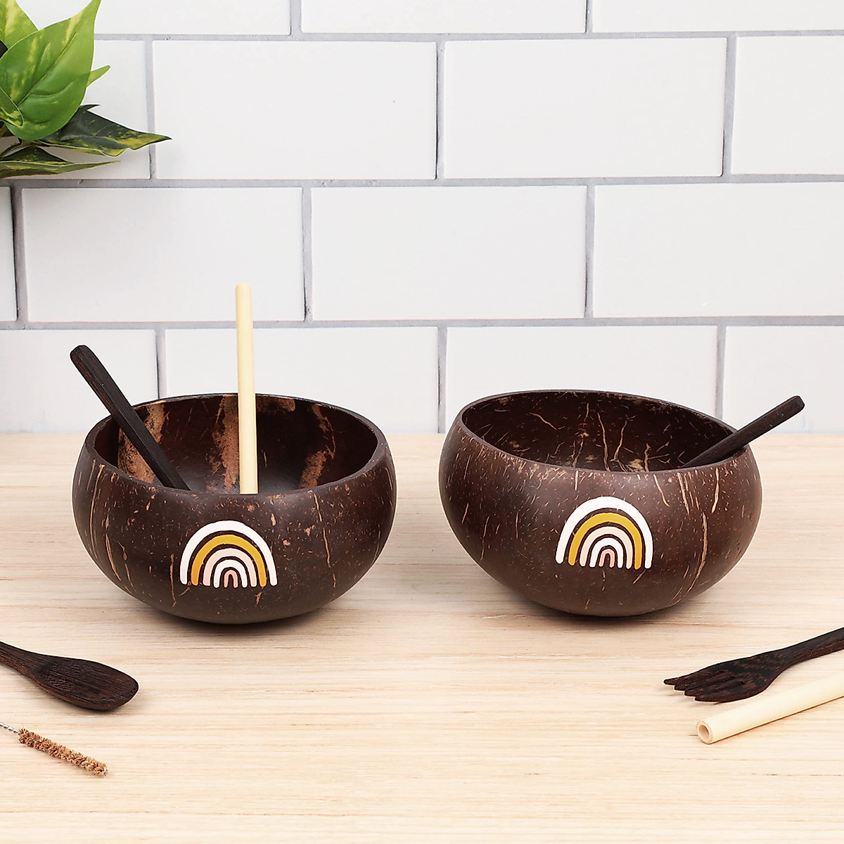 Coconut Bowls Set of 2 – Rainbow Design Wooden Bowls With Bamboo Straws, Wooden Forks & 2 Spoons – Natural Hand Carved Coconut Shell Bowl… (2, Rainbow)