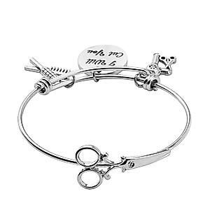 HOLLP Expandable Hairdresser Bracelet Hair Stylist Gift I Will Cut You Hairdresser Jewelry Scissor Bangle Bracelets with Comb Hair Drier Charm Graduation Gift (Style 2)