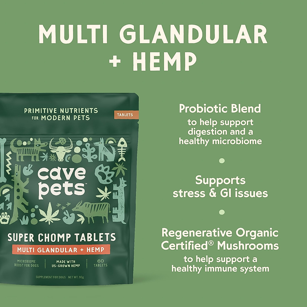 Cave Pets, Super Chomp Tablets, Dog Probiotic Supplement for Digestive Health and Natural Relaxation, Multi-Glandular & Hemp, 60 Tablets