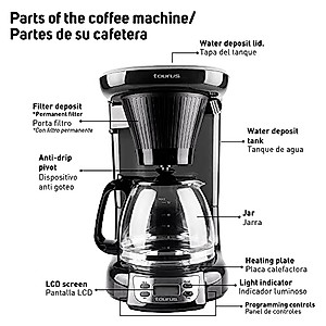 Taurus| Velvet Digital| Programmable Digital Coffee Maker for 24 Hours with Permanent Filter| (700 Watts)| Glass|Black