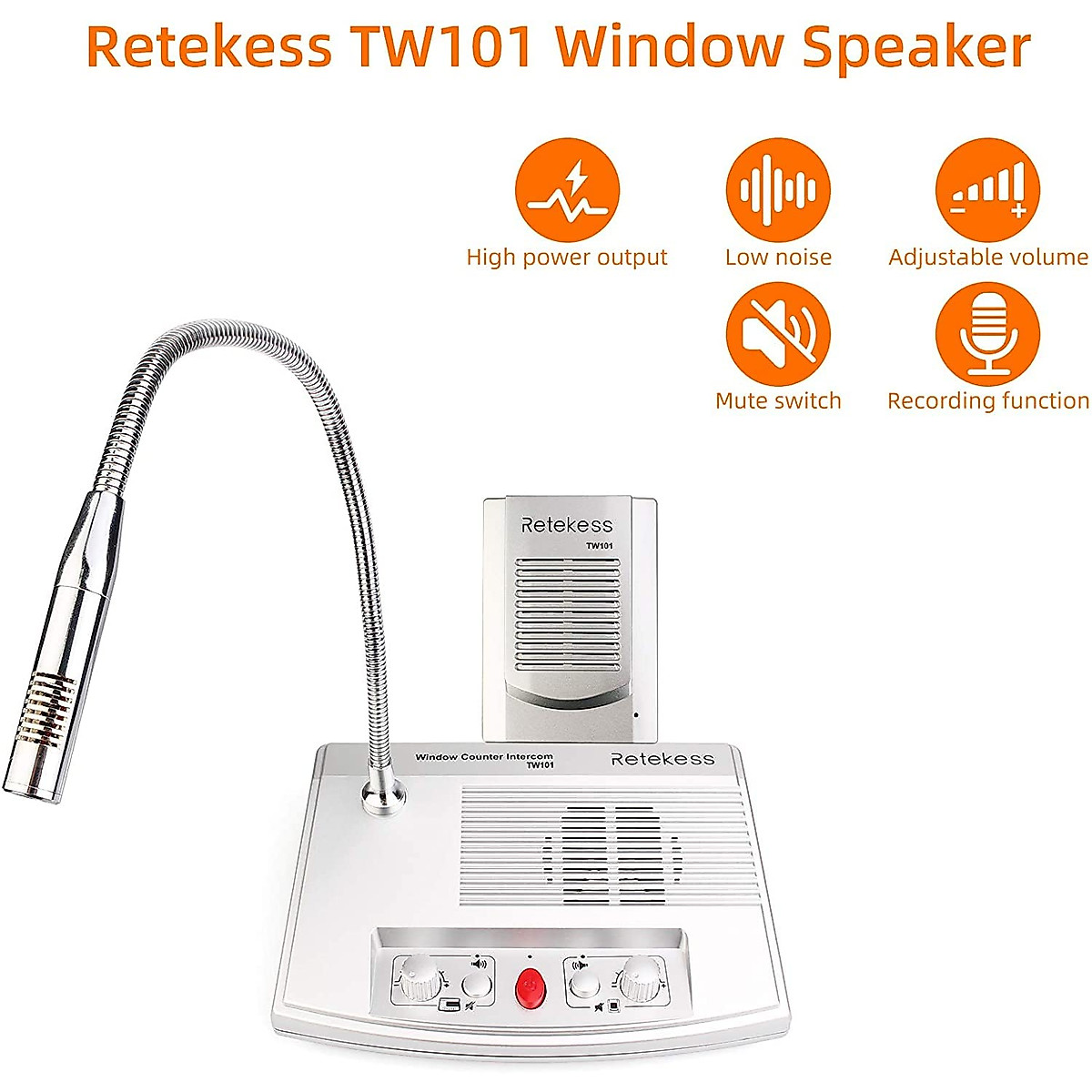 Retekess TW101 Window Speaker Support Mute, External Audio, Intercommunication Microphone for Business, Travel Agency, Hospital, School