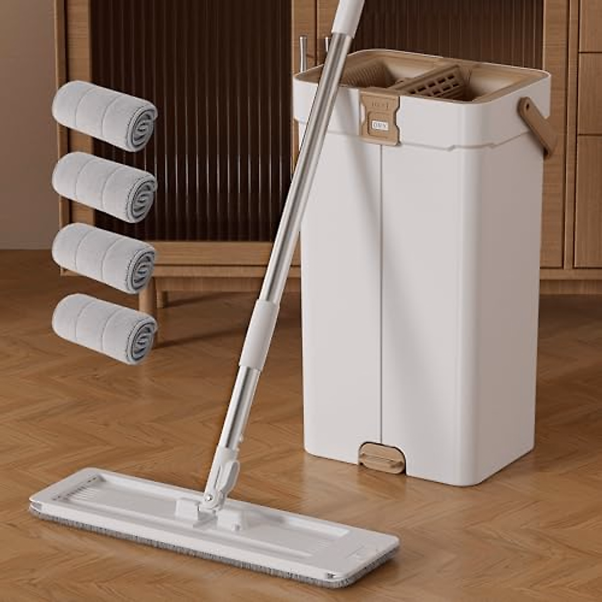 JEOPEM Flat Mop and Bucket with Wringer Set System, Mops for Hardwood Floor Cleaning with 4pcs Washable Microfiber Pads, Wet and Dry Use, Wood Floor Cleaner, Large Mop Head Length 38CM