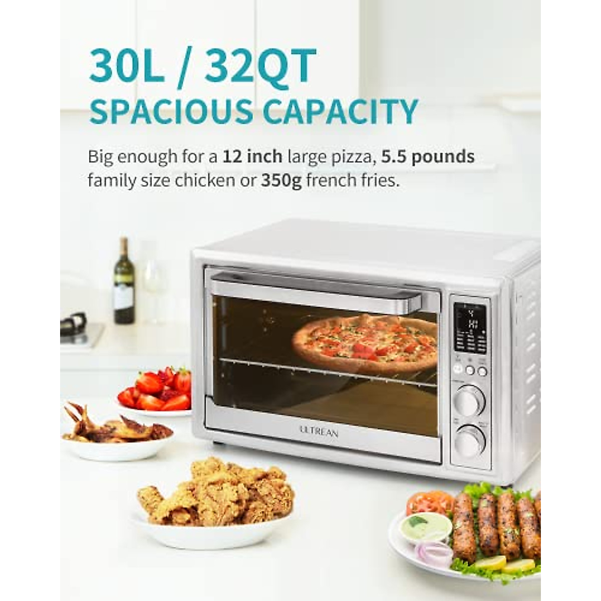 Ultrean Air Fryer Toaster Oven Combo, 32 Quart Convection Oven Countertop with Rotisserie, Toaster, Dehydrator, Bake, 7 Accessories & 50 Recipes, Silv