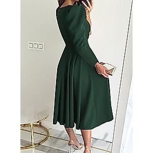 Dokotoo Womens Cocktail Dresses for Wedding Guest Fall Fashion 2023 Wrap V Neck Long Sleeve High Waist A Line Business Casual Party Elegant Cute Swing Midi Ladies Dress Outfit Green X-Large