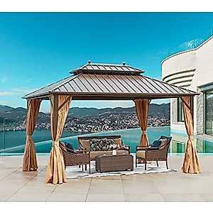 MELLCOM 10' X 13' Hardtop Gazebo, Galvanized Steel Vertical Stripe Double Roof Outdoor Gazebo, Aluminum Frame Metal Gazebo with Netting and Curtains for Patios, Gardens, Lawns